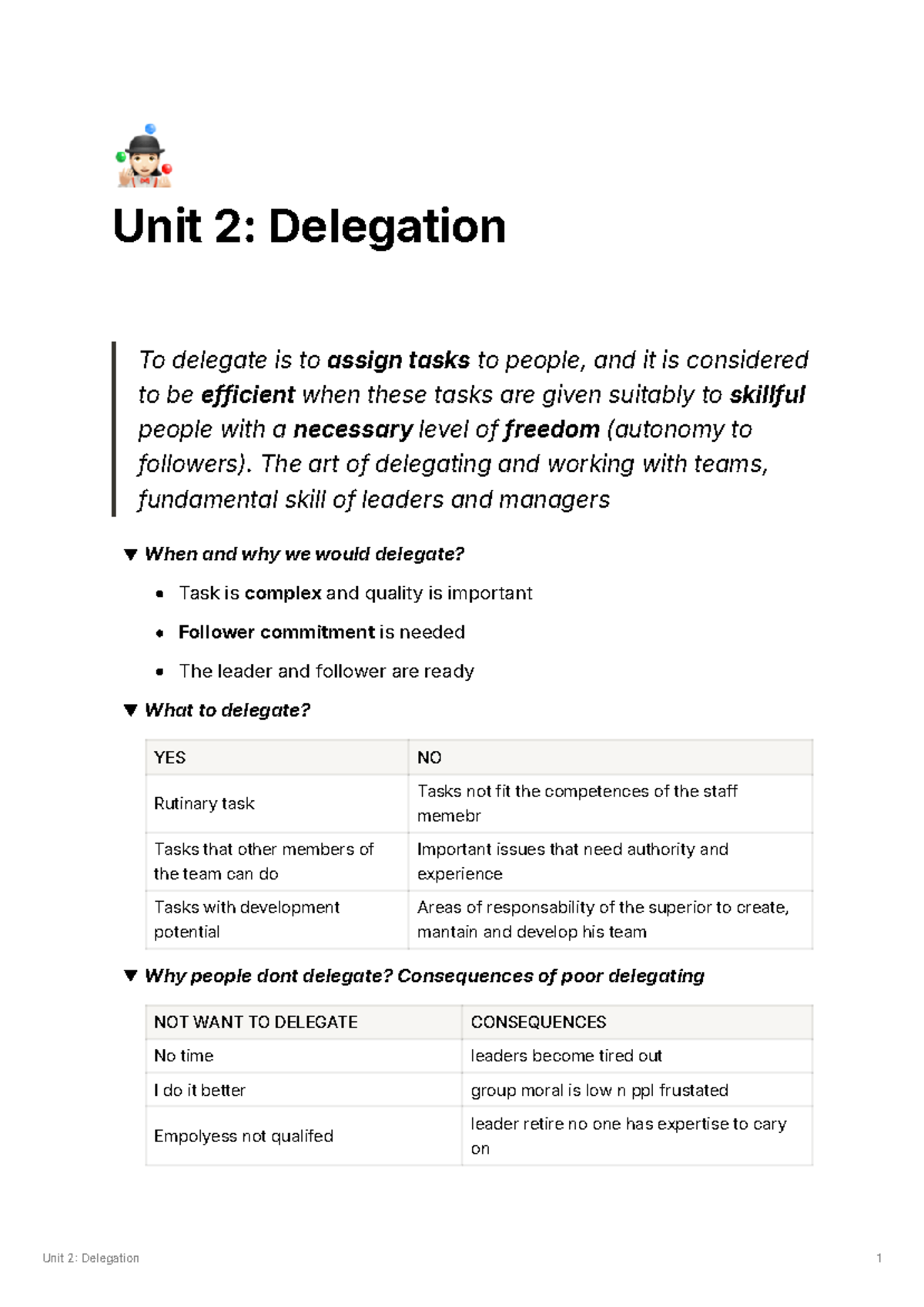Unit 2 Delegation - Unit 2: Delegation To delegate is to assign tasks ...