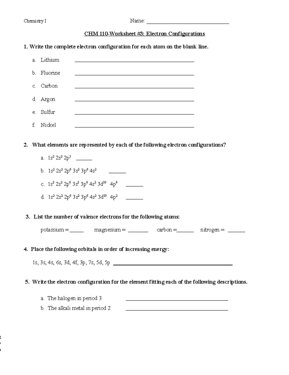 CHM 110 Chapter 2 Worksheet #3: Electron Configurations & Answers - Studocu