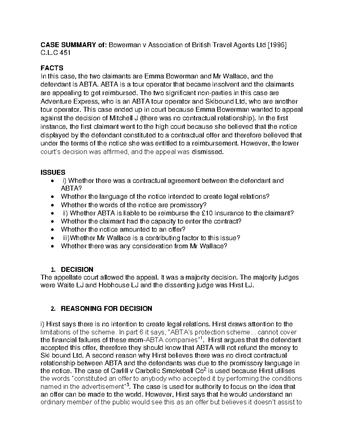 Contract Law Case Summary: Bowerman v ABTA [1996] Analysis - Studocu