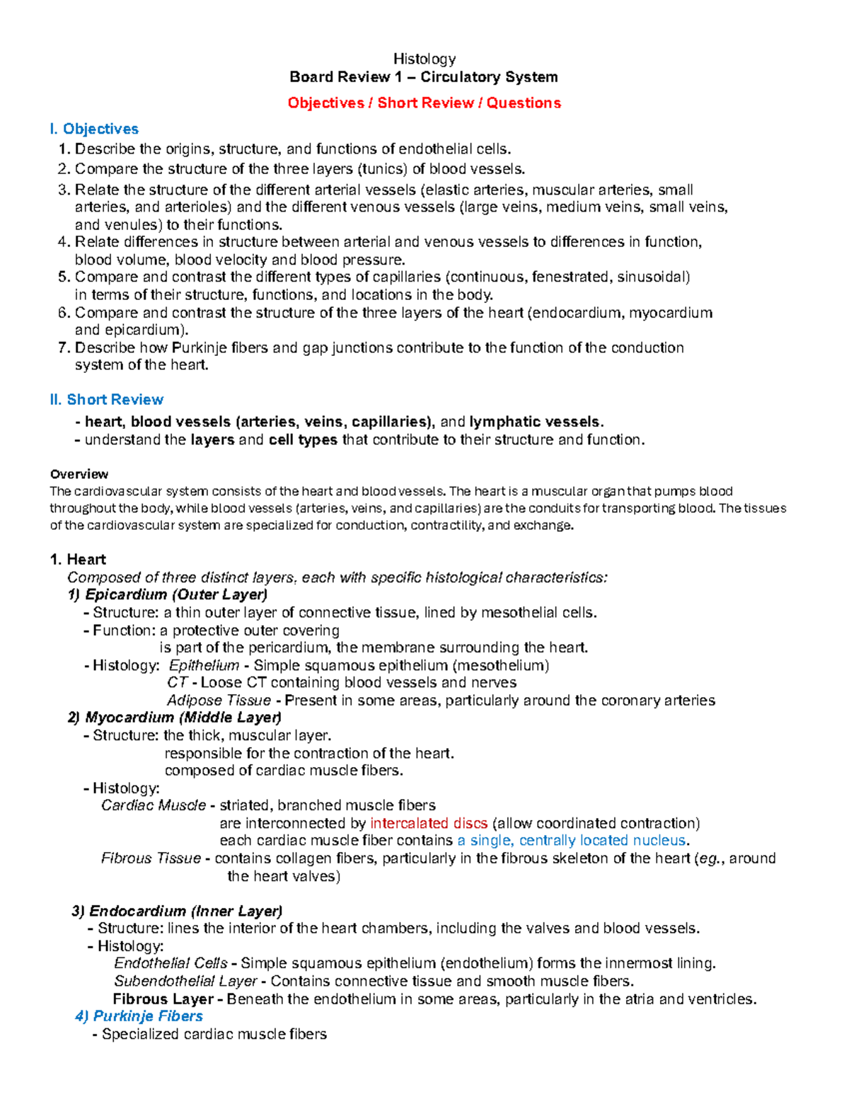 Histology Board Review 1: Circulatory System Objectives & Questions ...
