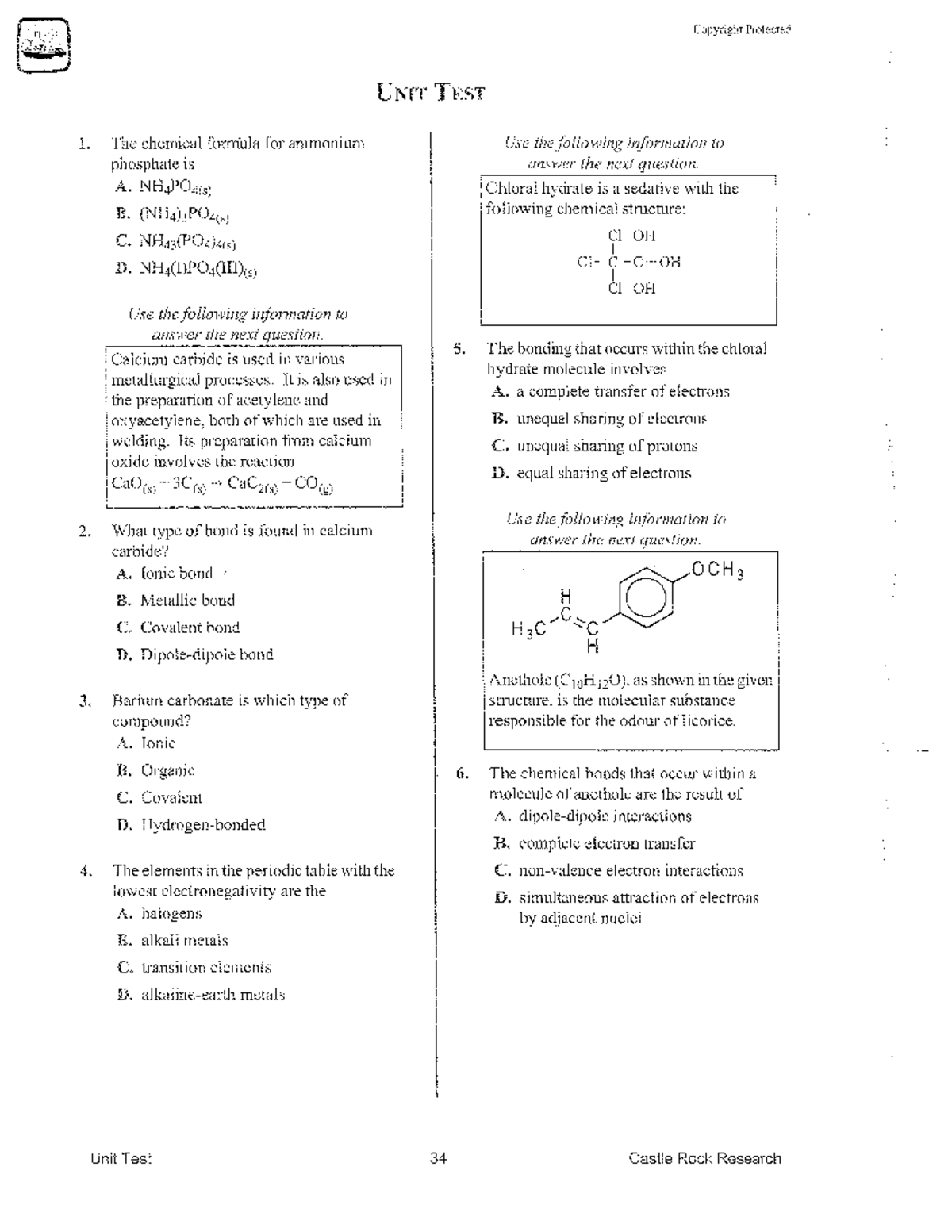 Chemistry 20 Bonding Unit Test & Key - Studocu