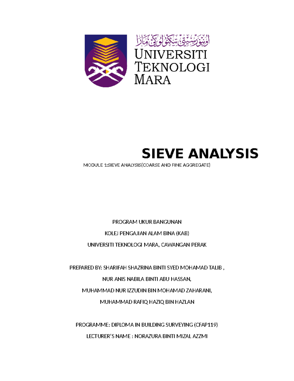 Sieve Analysis 2 - LAB REPORT - SIEVE ANALYSIS MODULE 1:SIEVE ANALYSIS ...