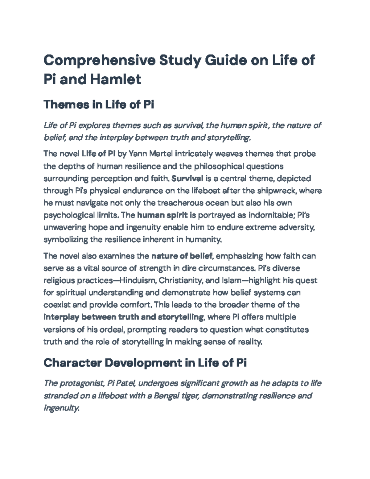 Comprehensive Study Guide: Themes & Analysis of Life of Pi and Hamlet ...