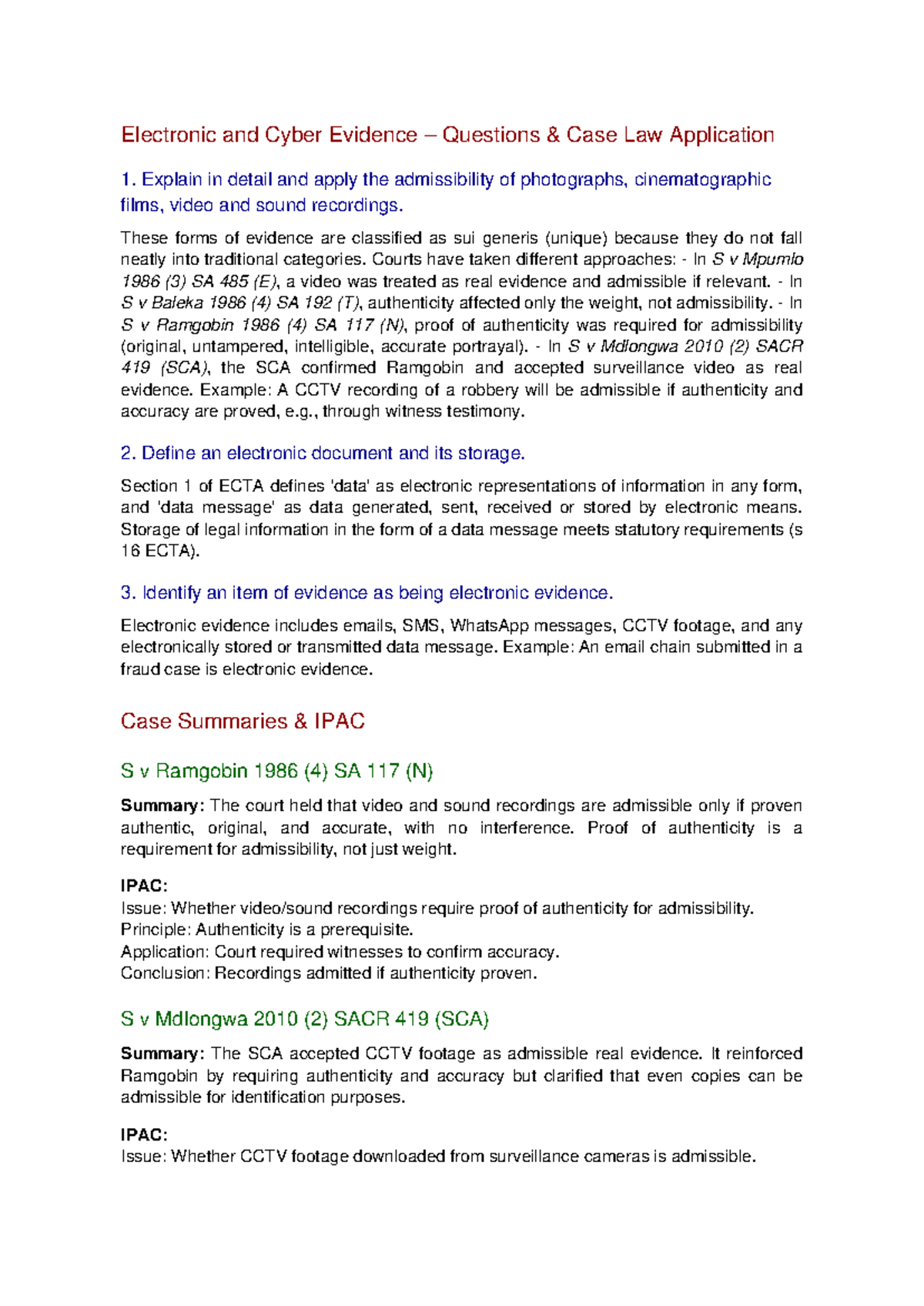 Electronic Evidence QA and Case Law Applications: Admissibility ...