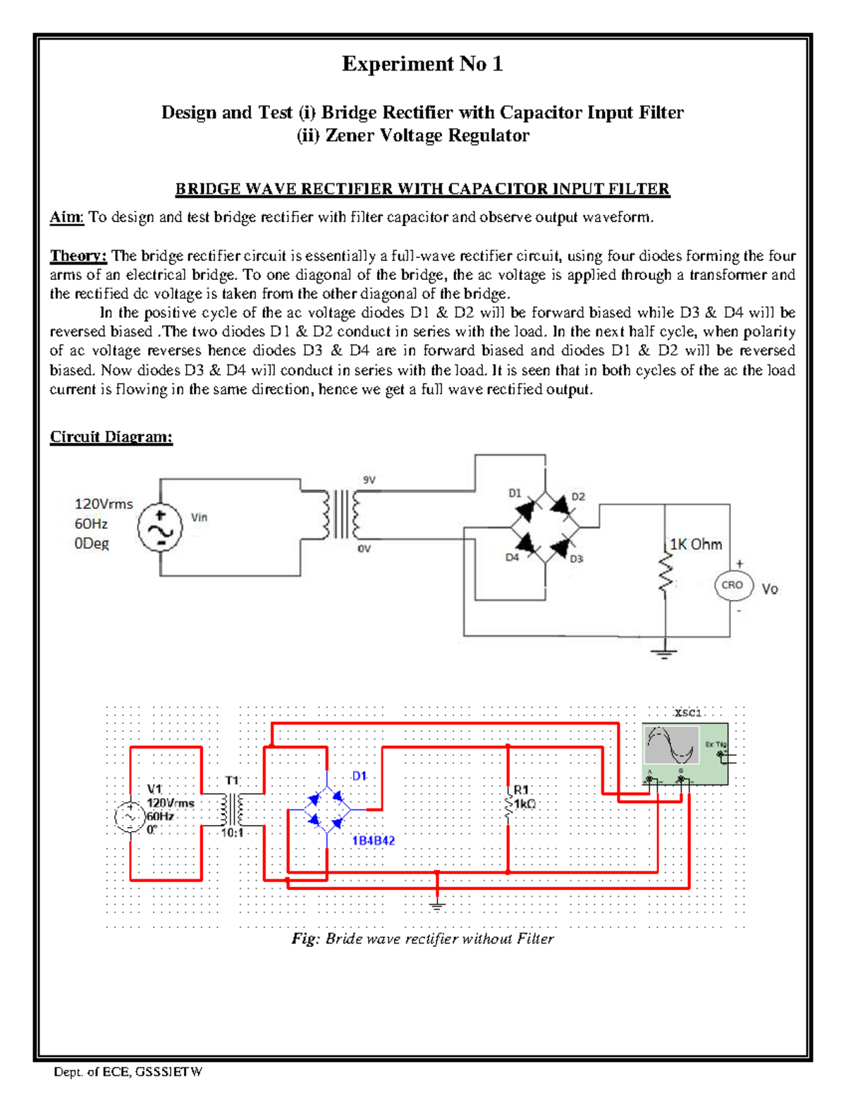 EPC Lab Manual: Experiment 1 & 2 - Bridge Rectifier & Zener Regulator ...