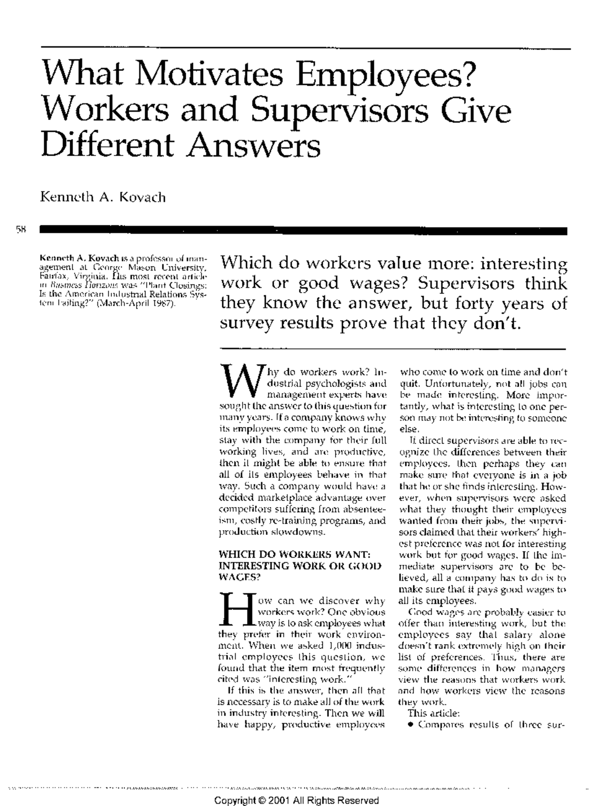 Kovach 1987: Understanding Employee Motivation Differences - Studocu