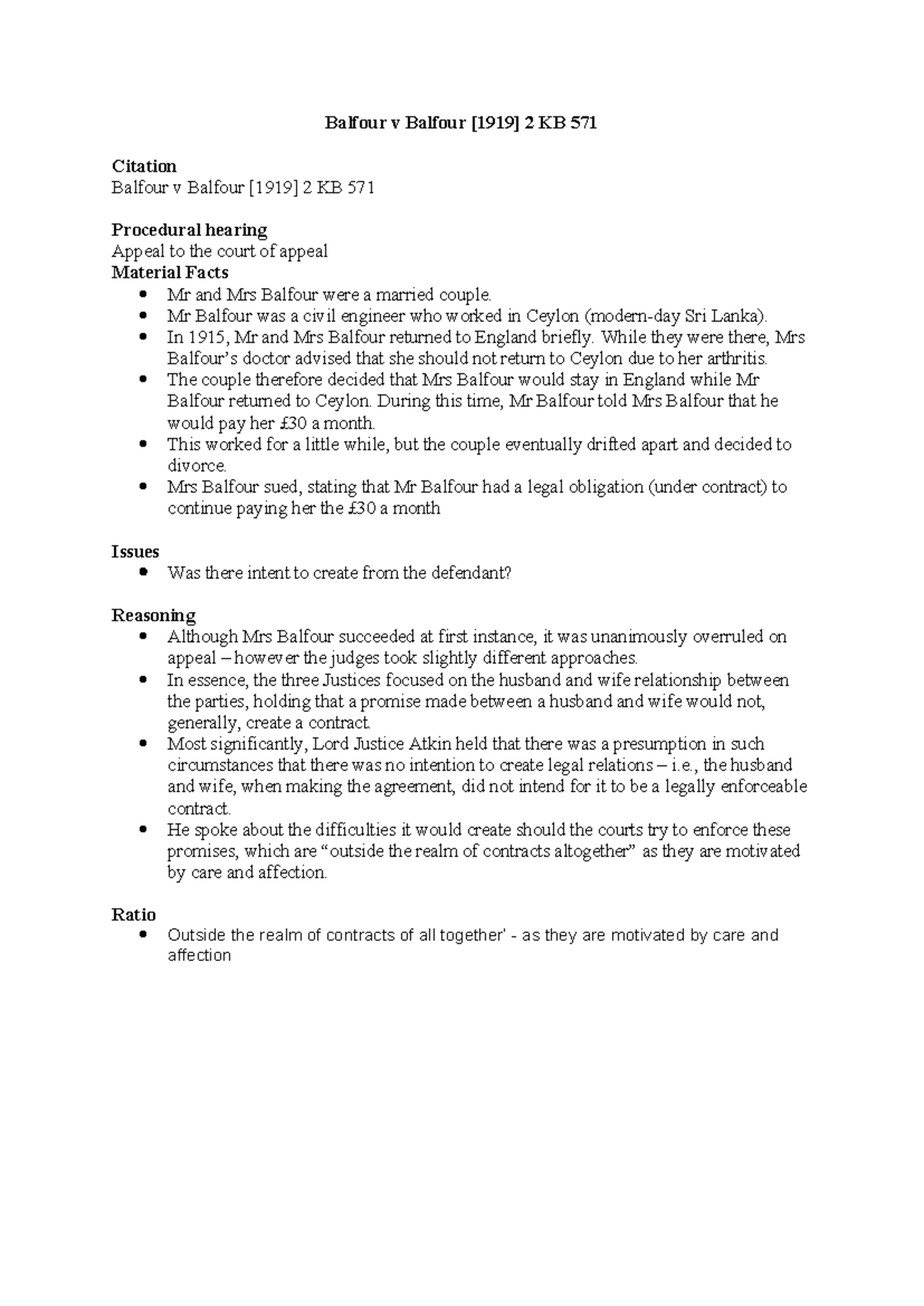 Balfour v Balfour [1919] 2 KB 571: Contract Law Case Study Analysis ...