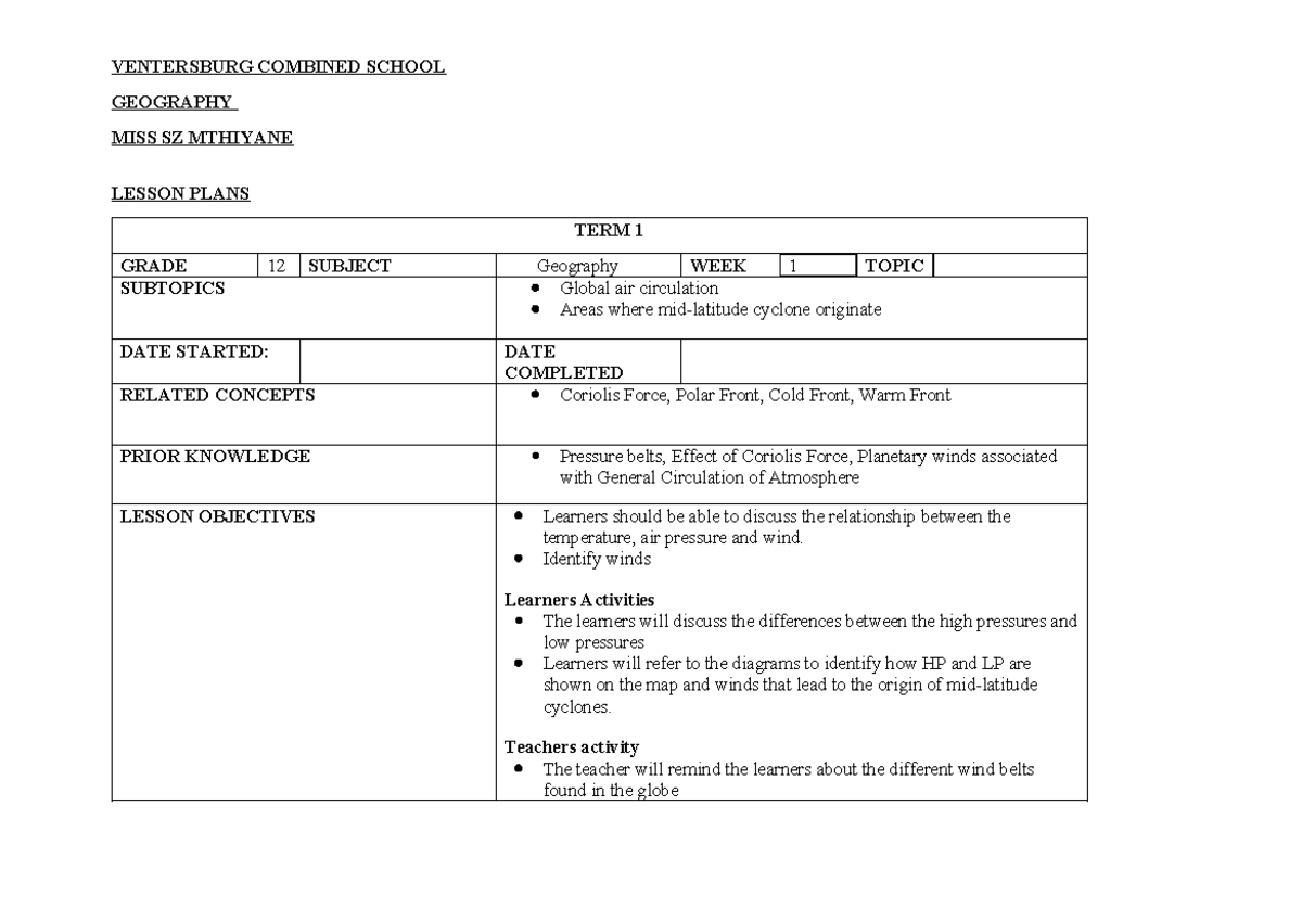 Grade 12 Geography Lesson Plans for Term 1 by Miss Sz Mthiyane - Studocu