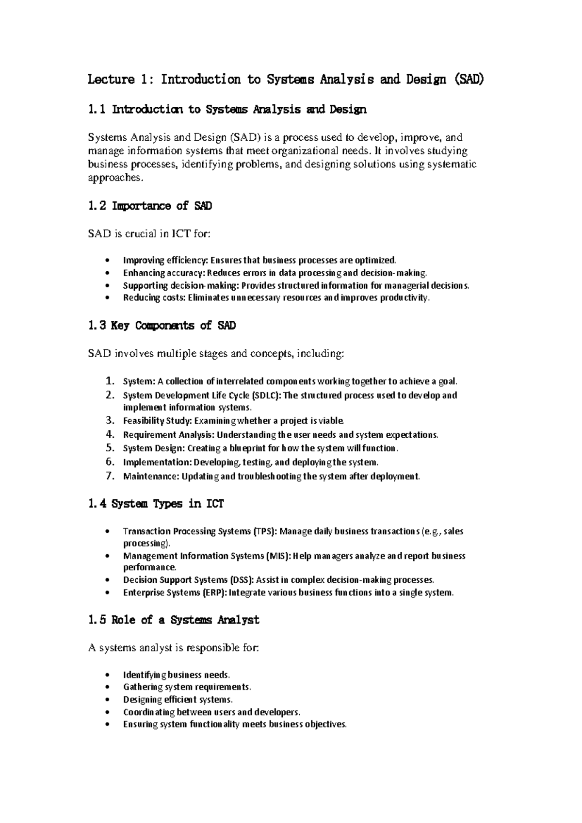 Lecture 1: Introduction to Systems Analysis and Design (SAD) Overview ...