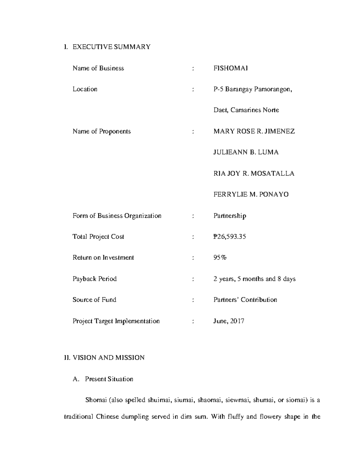 CNSC-CBPA Business Plan: Fishomai - Innovative Siomai Venture - Studocu
