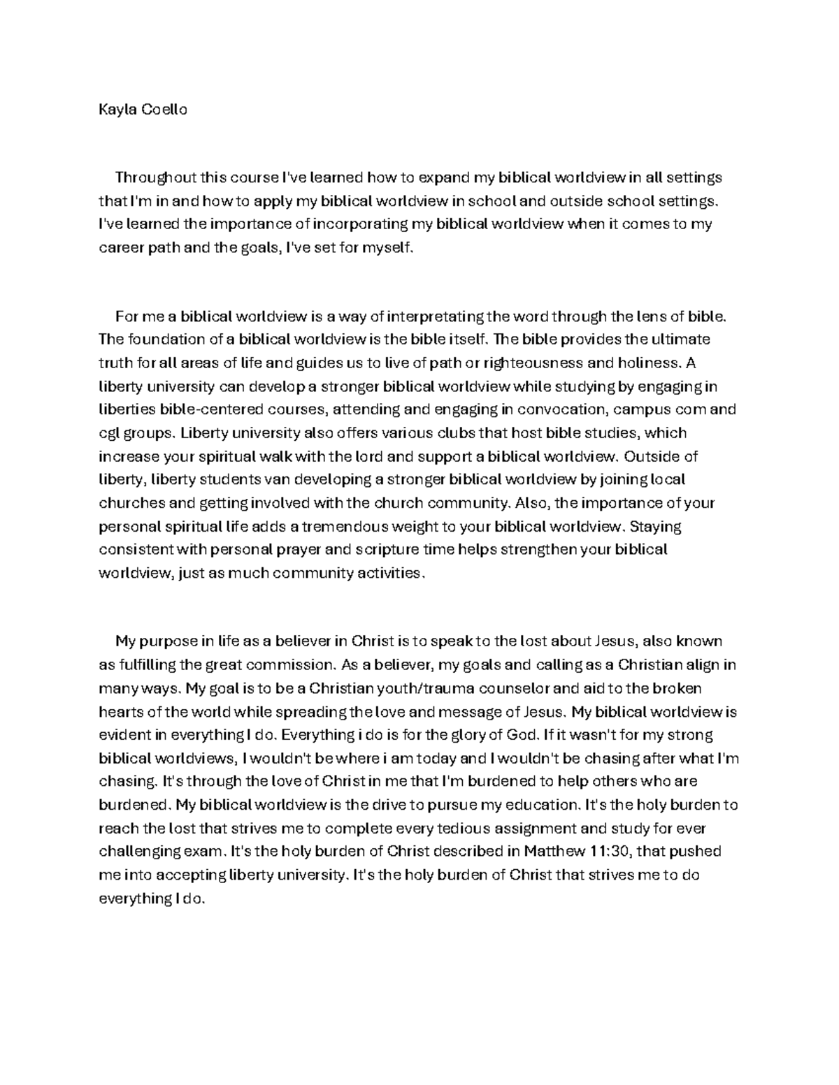 LIB 101: Personal Reflection on Developing a Biblical Worldview - Studocu