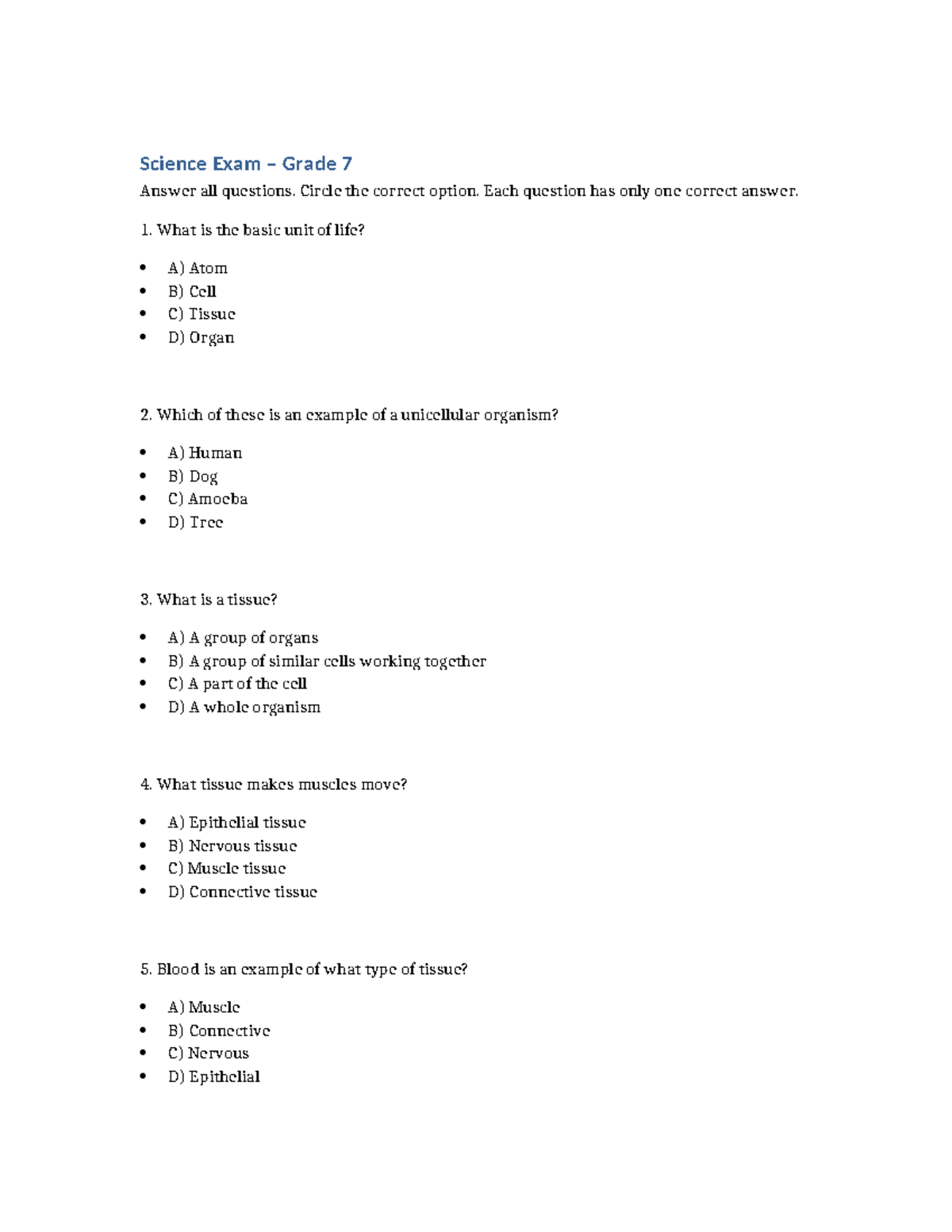 Science Exam Grade 7: No Cells, No Plants - Answer Key - Studocu