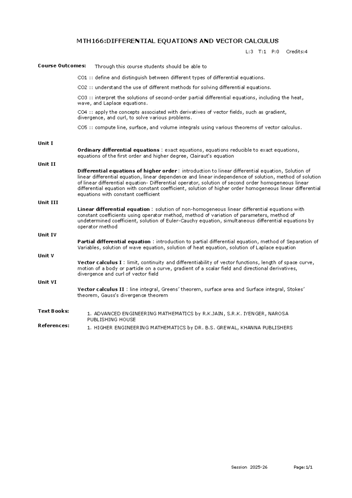 MTH166: Differential Equations & Vector Calculus Syllabus - Studocu