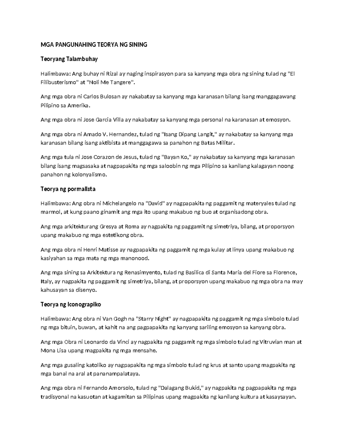 Pangunahing Teorya ng Sining: Mga Halimbawa at Pagsusuri - Studocu