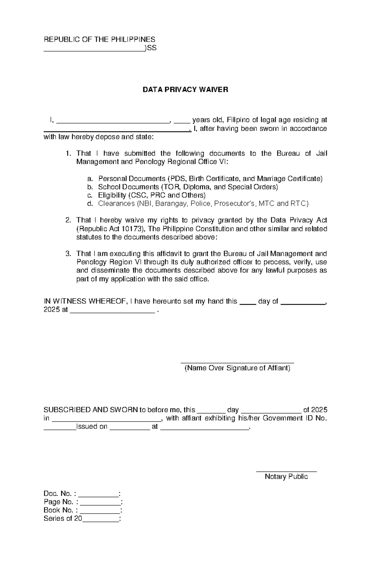 Data Privacy Waiver for BJMP Application - Philippines - Studocu