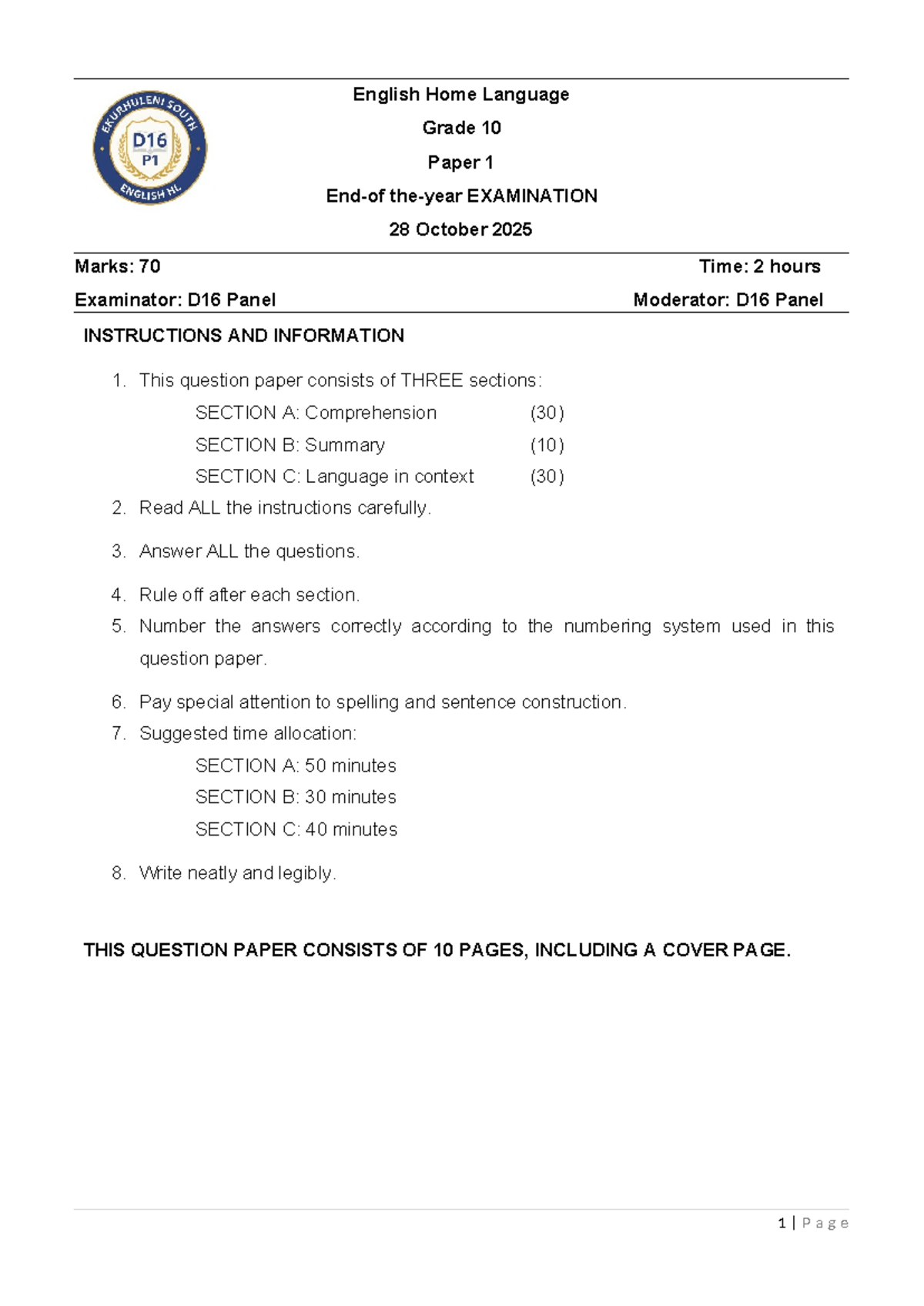 Gr 10 English HL Paper 1 Exam QP - 28 Oct 2025 - Studocu
