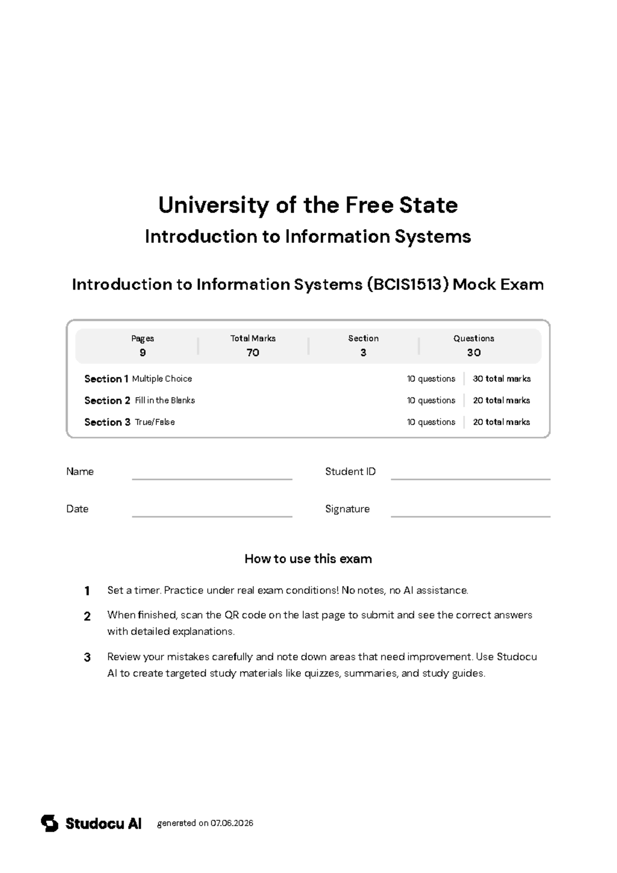 BCIS1513 Mock Exam: Introduction to Information Systems - Studocu