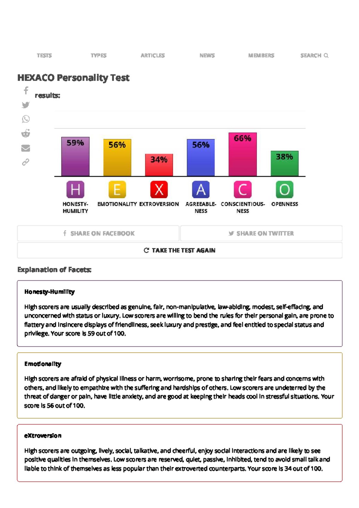 HEXACO Personality Test Results and Facet Explanations - Studocu