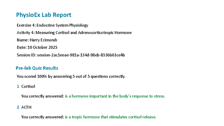 PhysioEx Lab Report: Endocrine System Quiz Results (Exercise 4) - Studocu