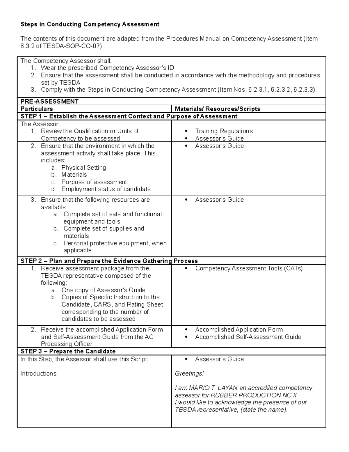 Assessor's Script (New) - Steps in Conducting Competency Assessment The ...