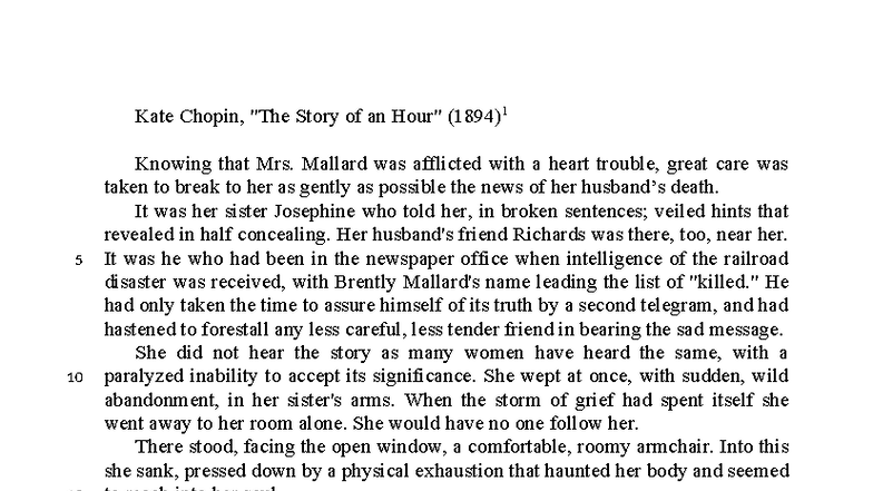 Kate Chopin: Story of an Hour Analysis (1894) - Studocu