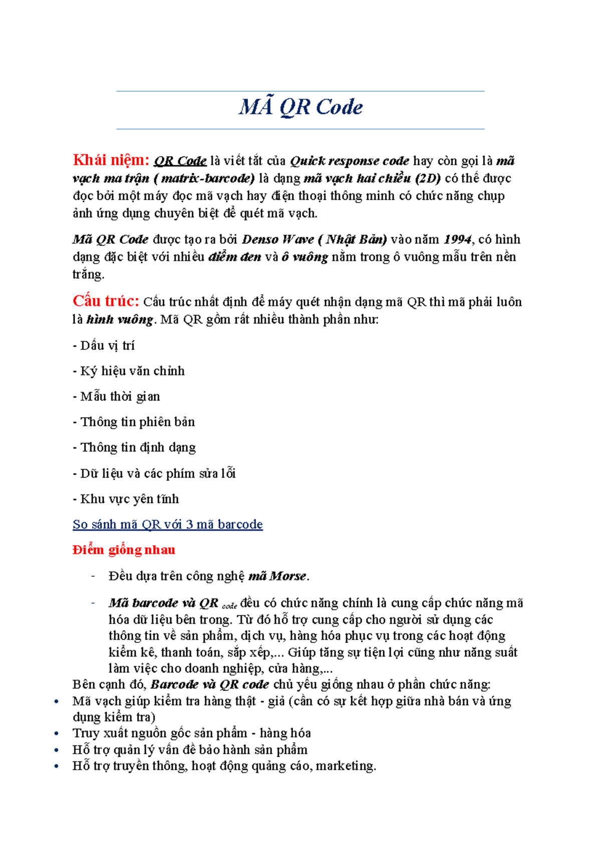 Mã QR Code: Khái Niệm, Cấu Trúc và So Sánh với Barcode - Studocu