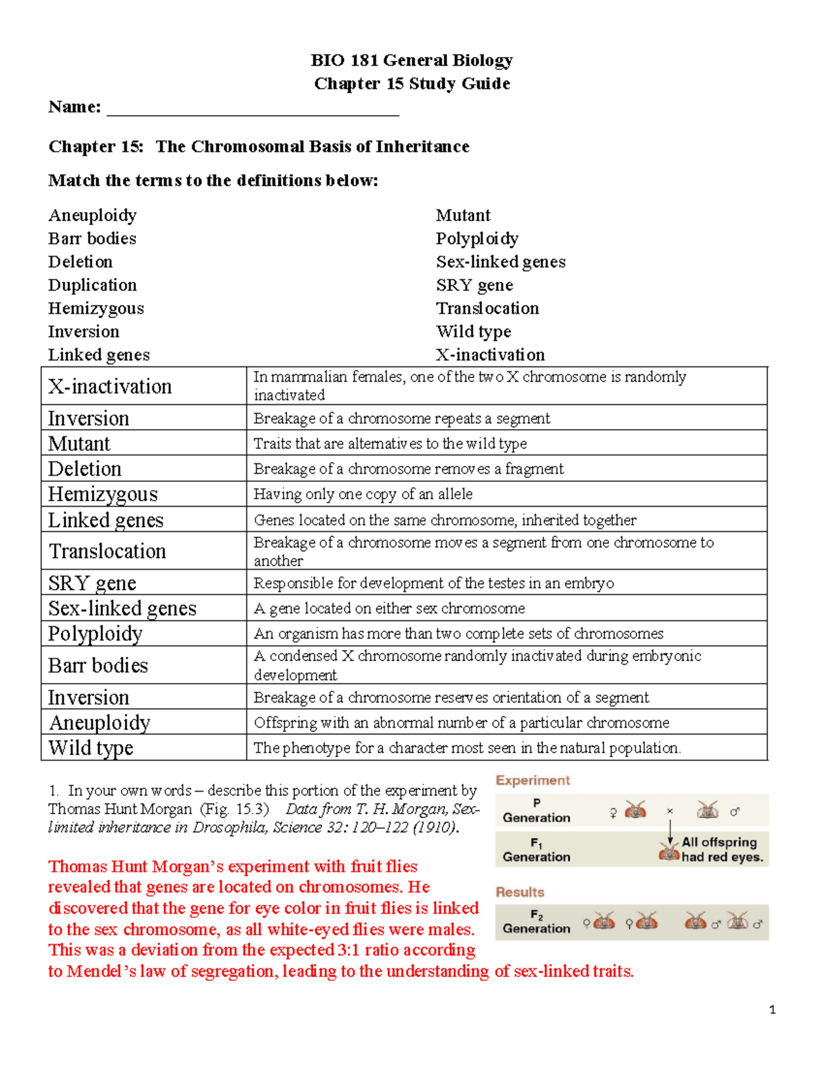 BIO 181 Chapter 15 Study Guide: Chromosomal Basis of Inheritance F23 ...
