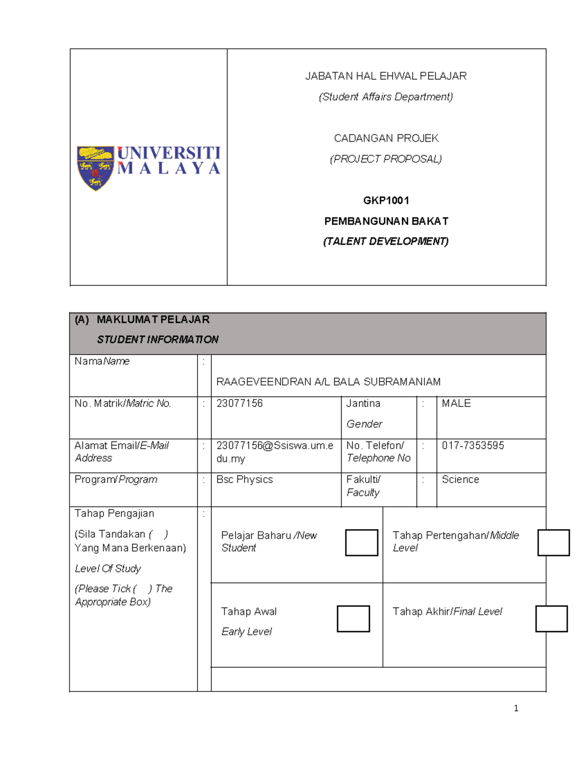 GKP1001 - Project Proposal Template for Talent Development - Studocu