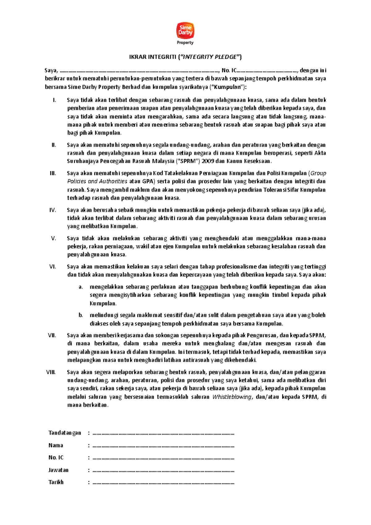 Employee Integrity Pledge (Eng) May 2020 - INTEGRITY PLEDGE I, - Studocu