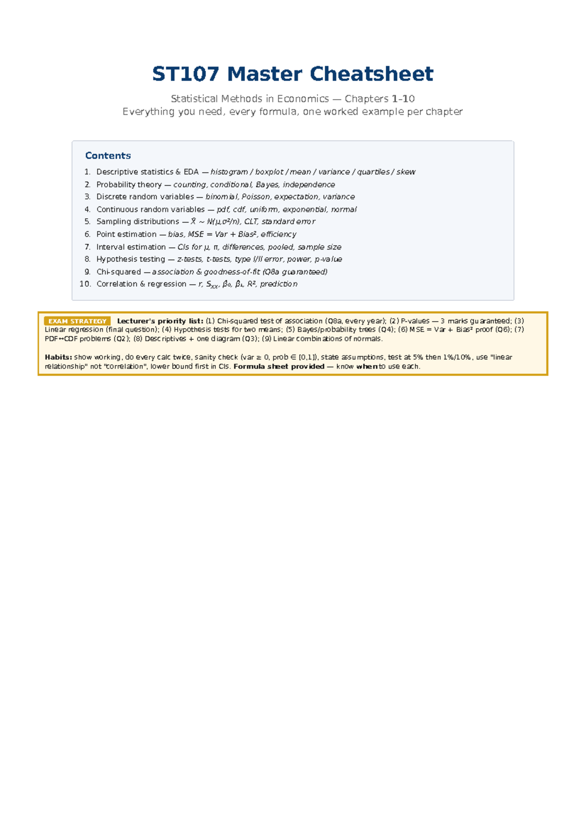 ST107 Master Cheatsheet: Statistical Methods in Economics Overview ...