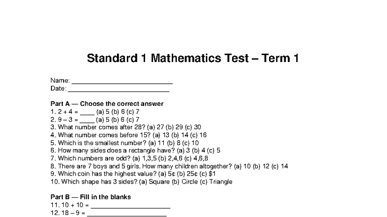Standard 1 Mathematics Test - Term 1 Questions and Answers - Studocu