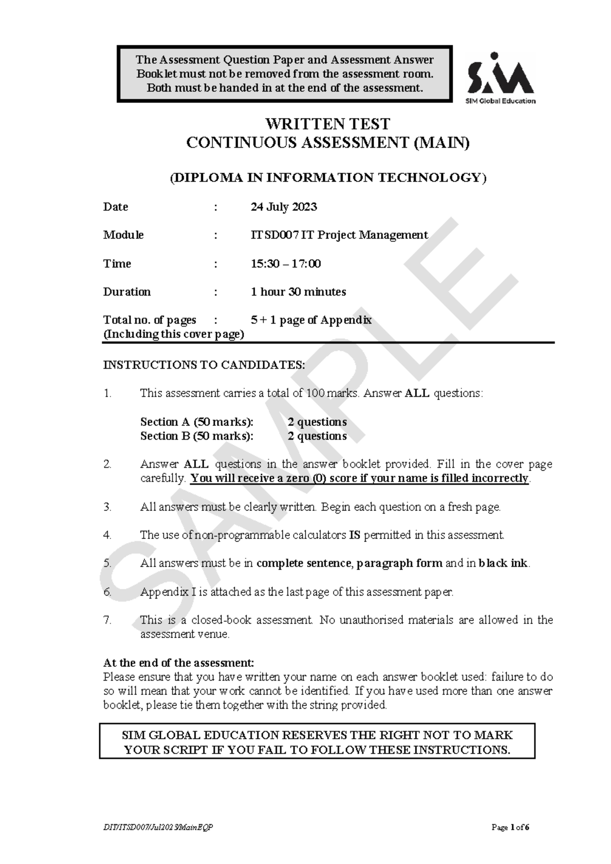 2332 DIT ITSD007 Main Written Test Assessment Paper - 24 July 2023 ...