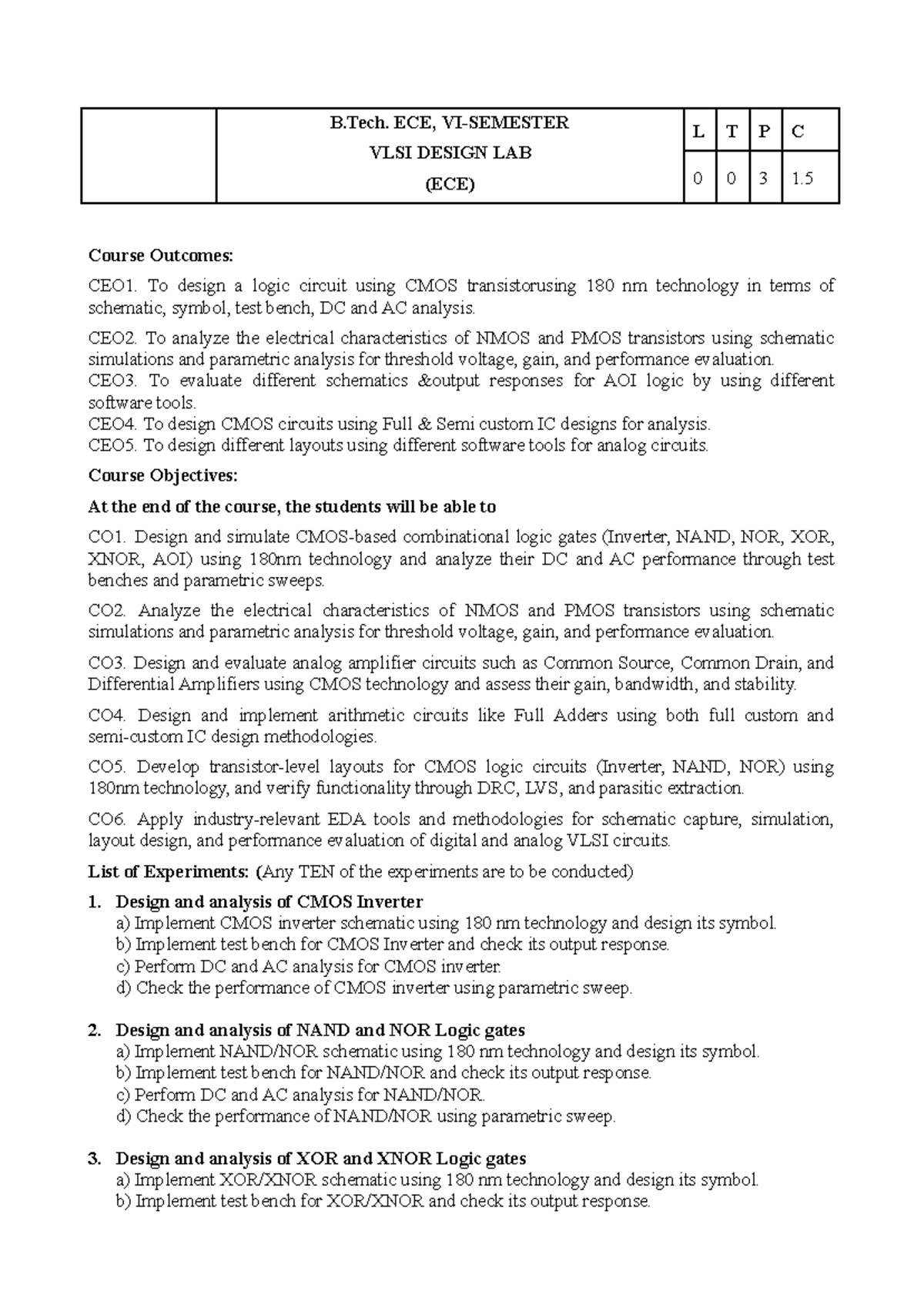 B.Tech. ECE VLSI Design Lab Syllabus (VI Sem) - Course Outcomes ...
