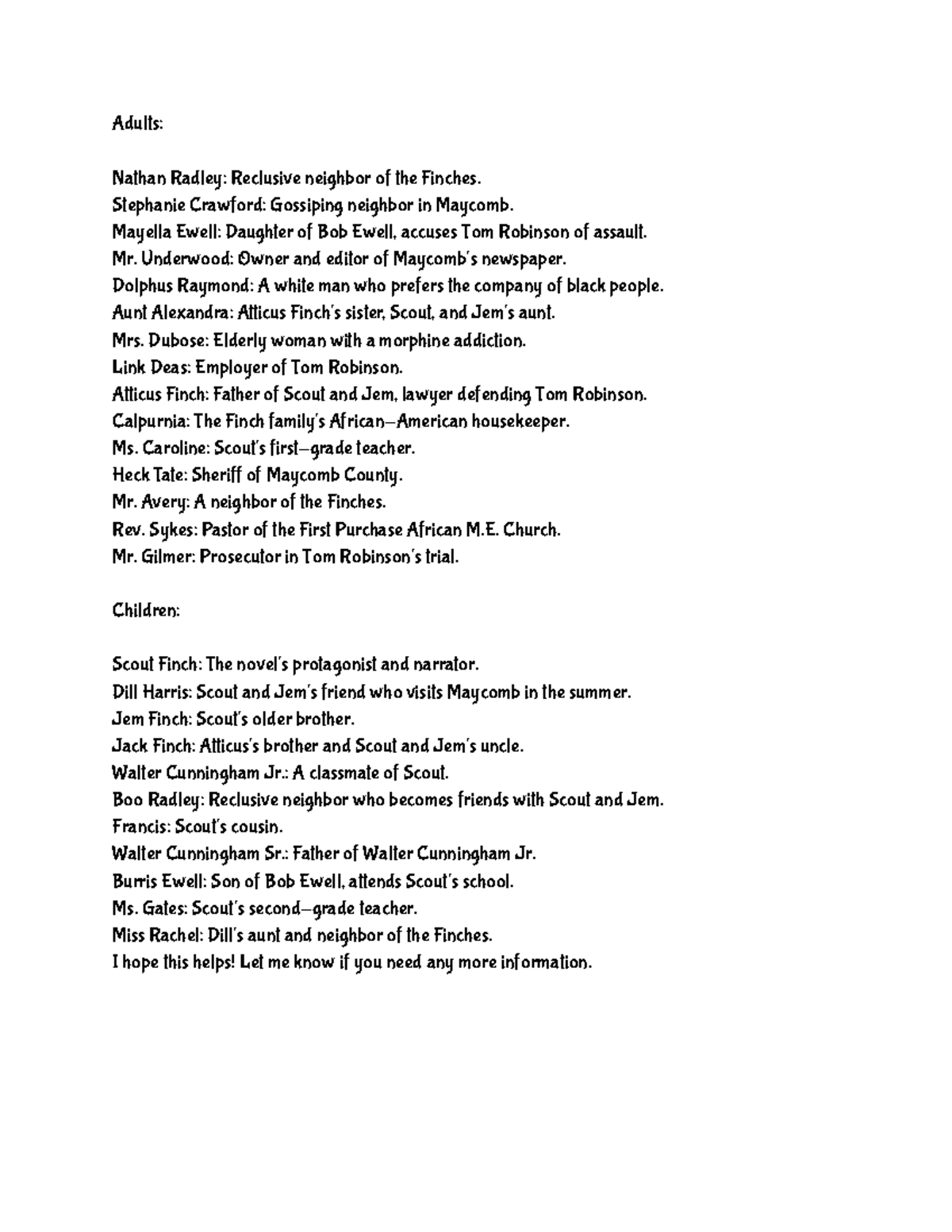TKAM Character List: Key Figures in Harper Lee's Classic Story - Studocu