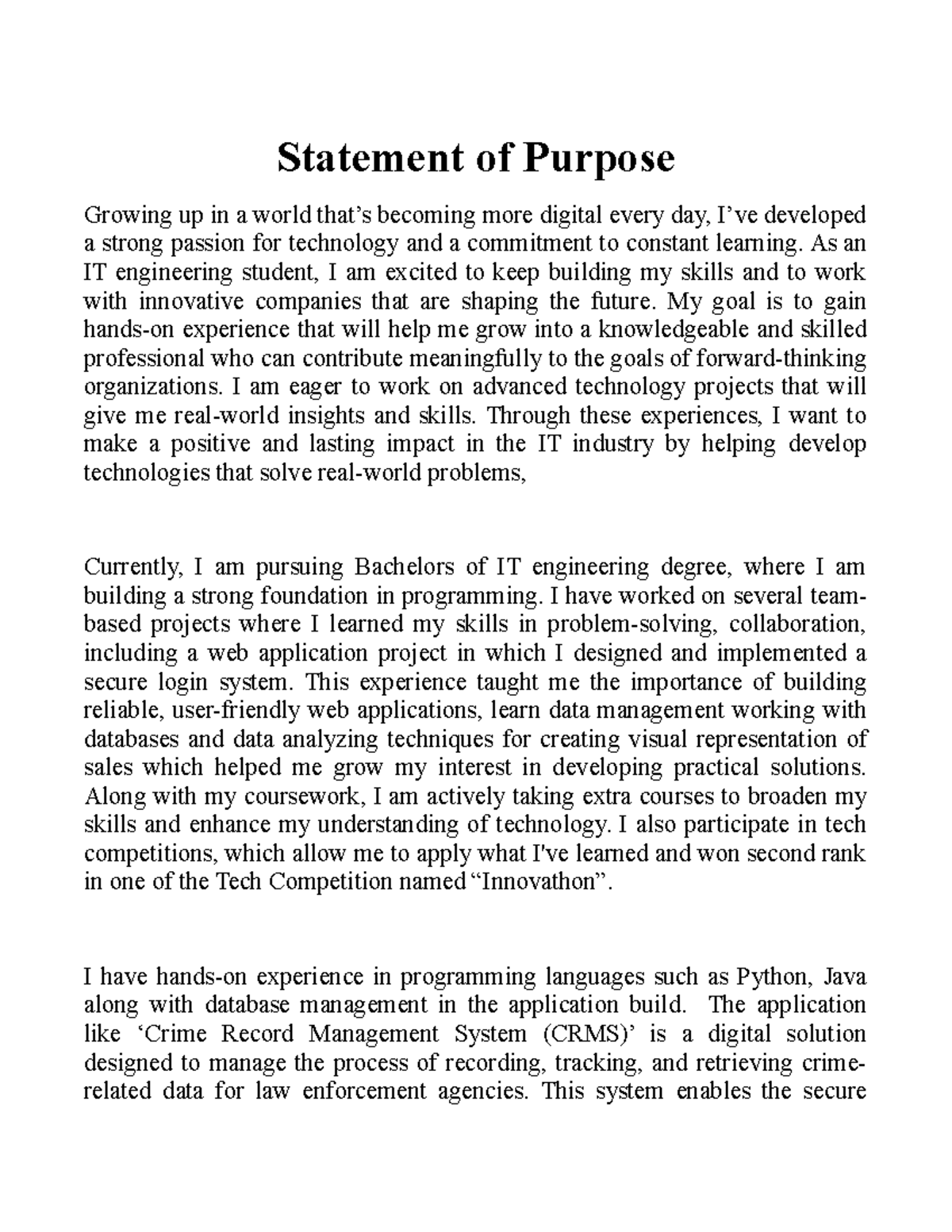 Statement of Purpose for IT Engineering - ABC Program - Studocu