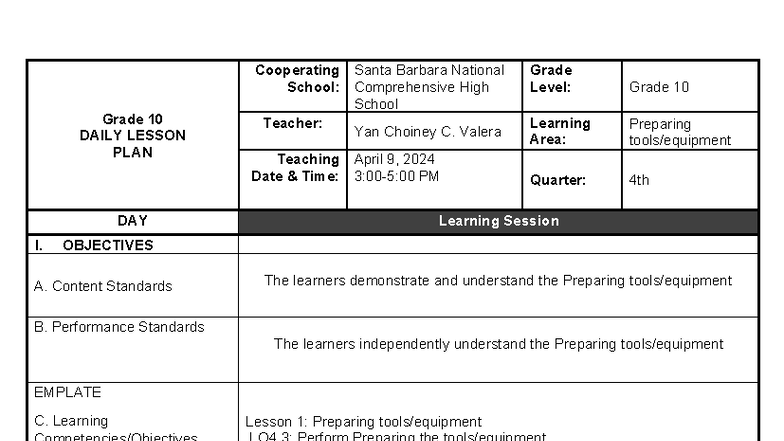 Grade 10 Lesson Plan Day 1: Preparing Tools & Equipment (HCS515302 ...