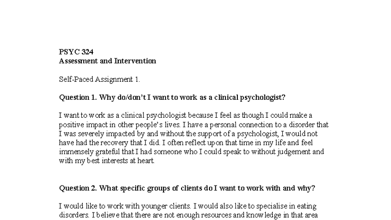 PSYC 324 Clinical Psychology Career Reflection Assignment - Studocu