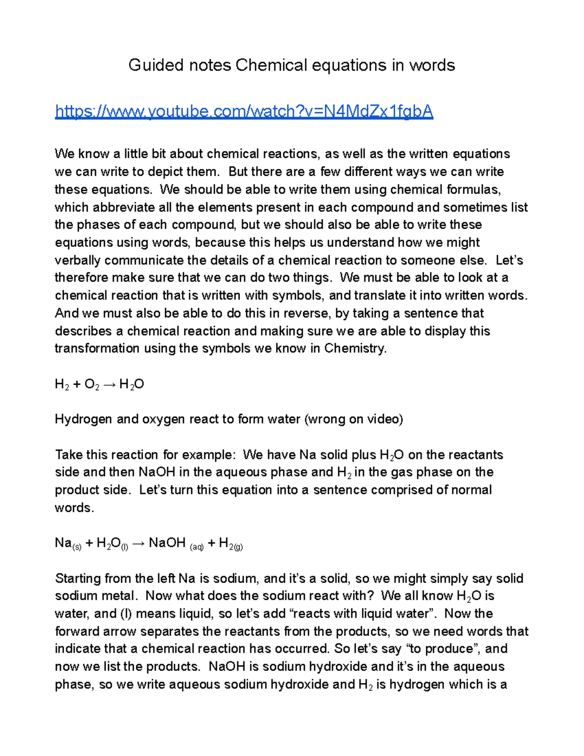 Blanks(no) Guided notes Chemical equations in words-C - Guided notes ...
