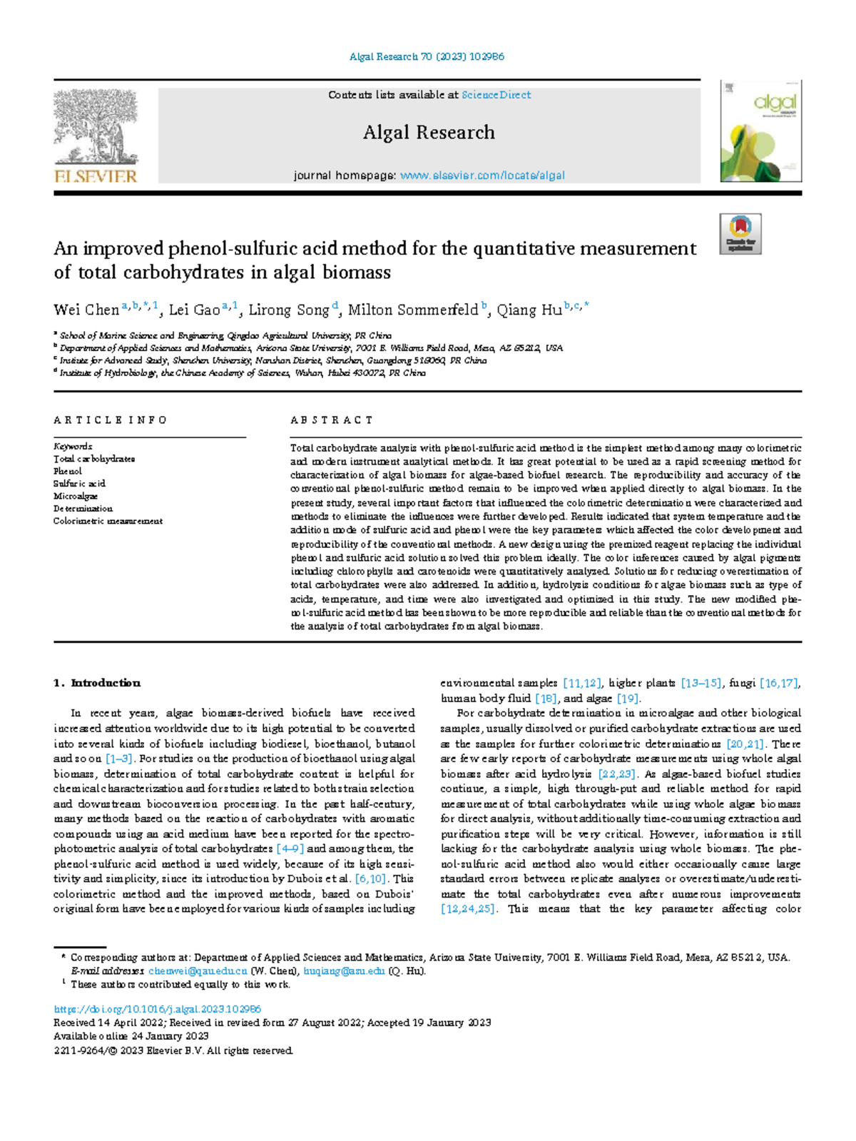 Improved Acid Method for Total Carbohydrate Analysis in Algal Biomass ...