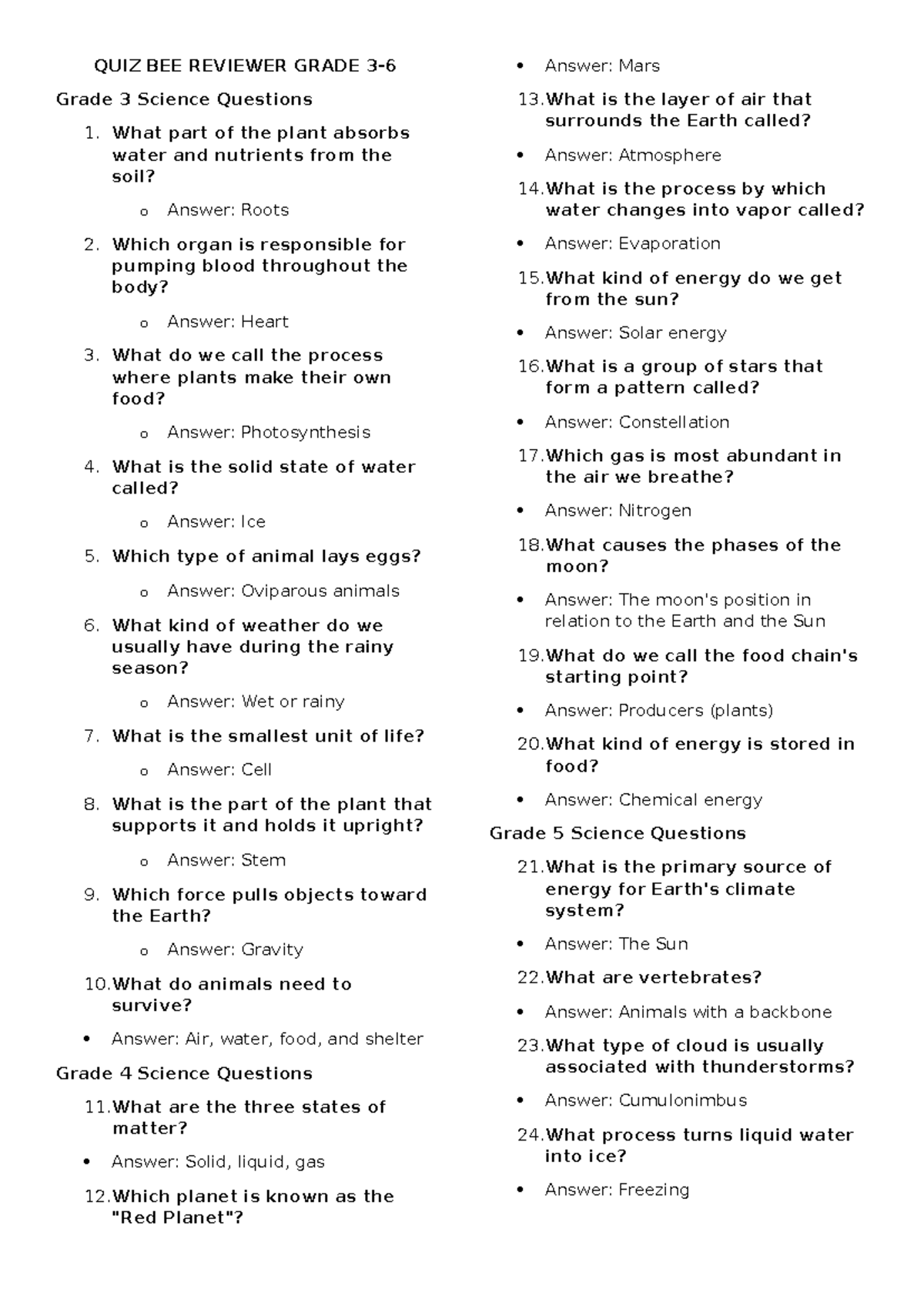 Grade 3 Quiz Bee Science Reviewer (Questions for Grades 3-6) - Studocu