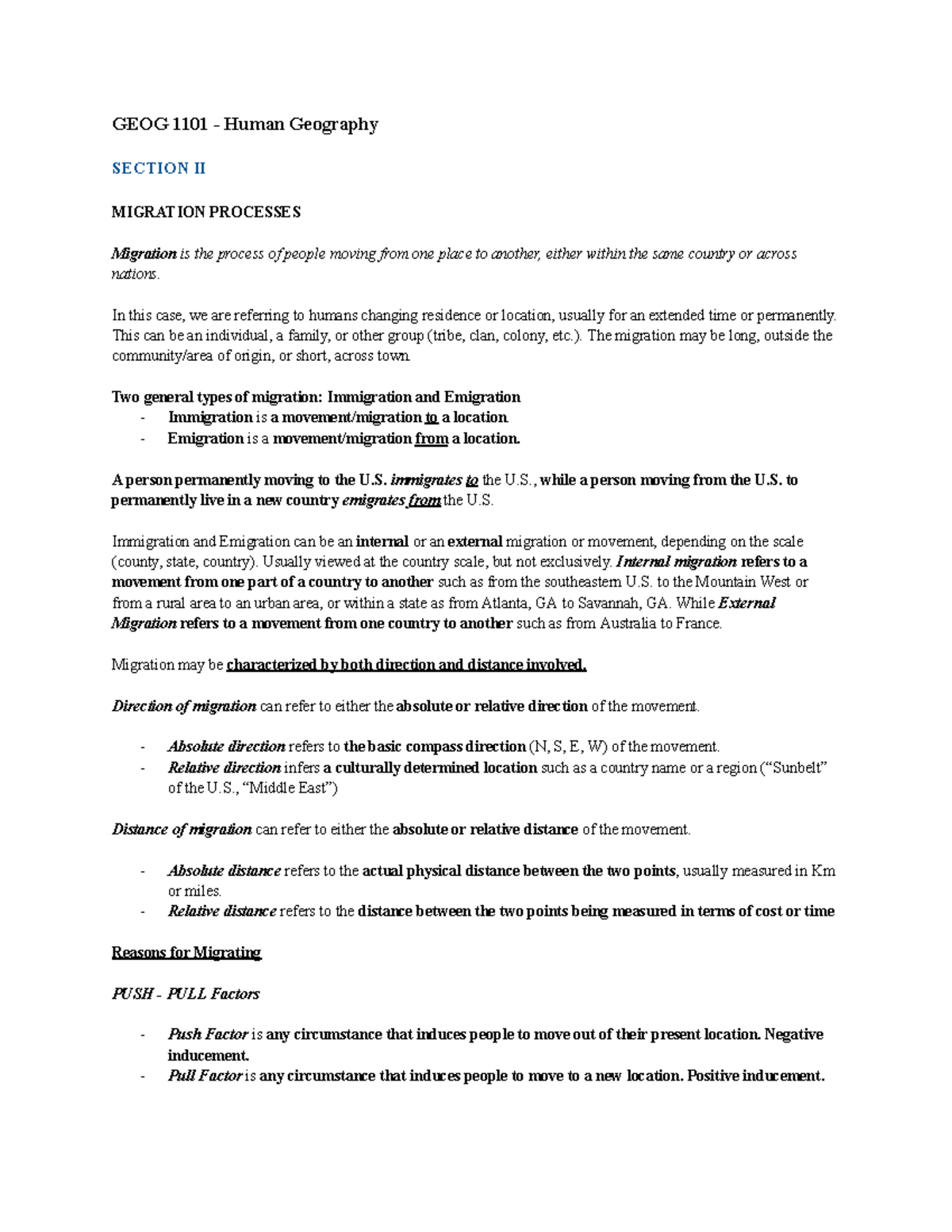 GEOG 1101 [7-11] - Notes - GEOG 1101 - Human Geography SECTION II ...