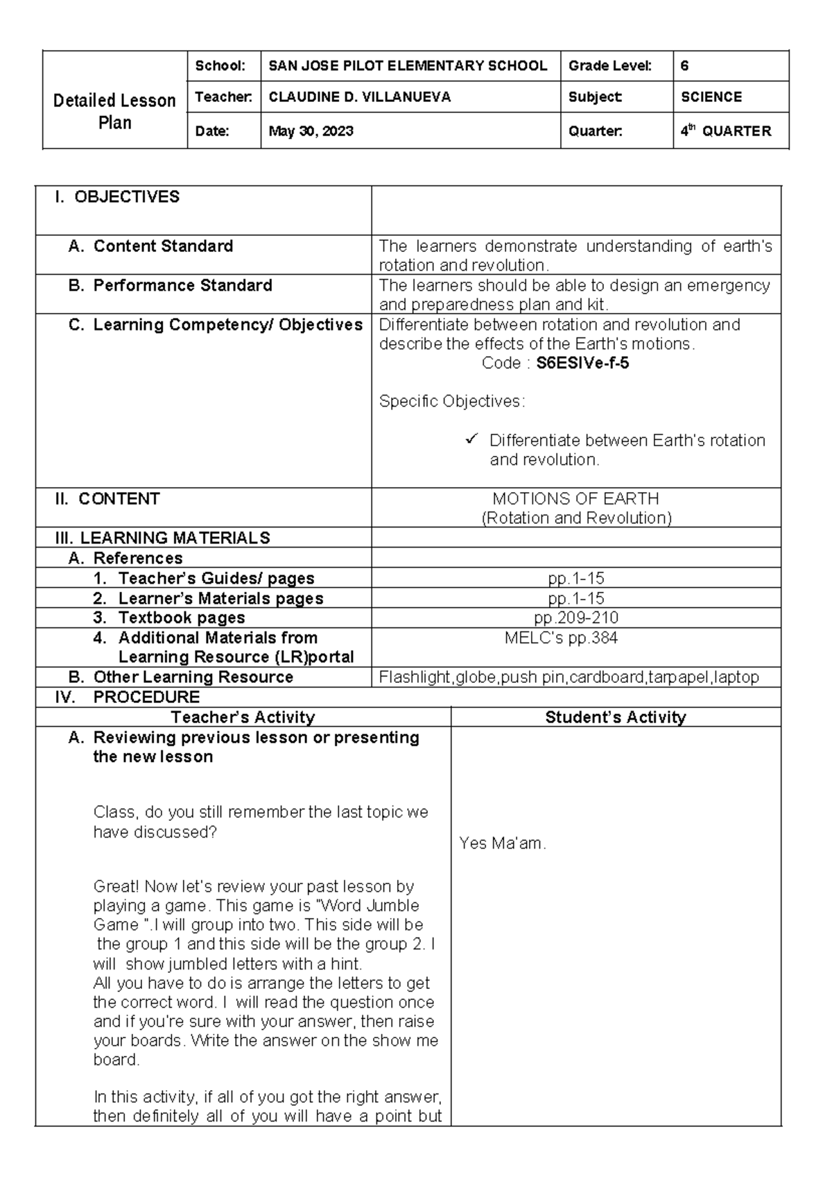 DLP- S6ESIVe-f- Lesson Plan on Earth's Motions (Rotation & Revolution ...