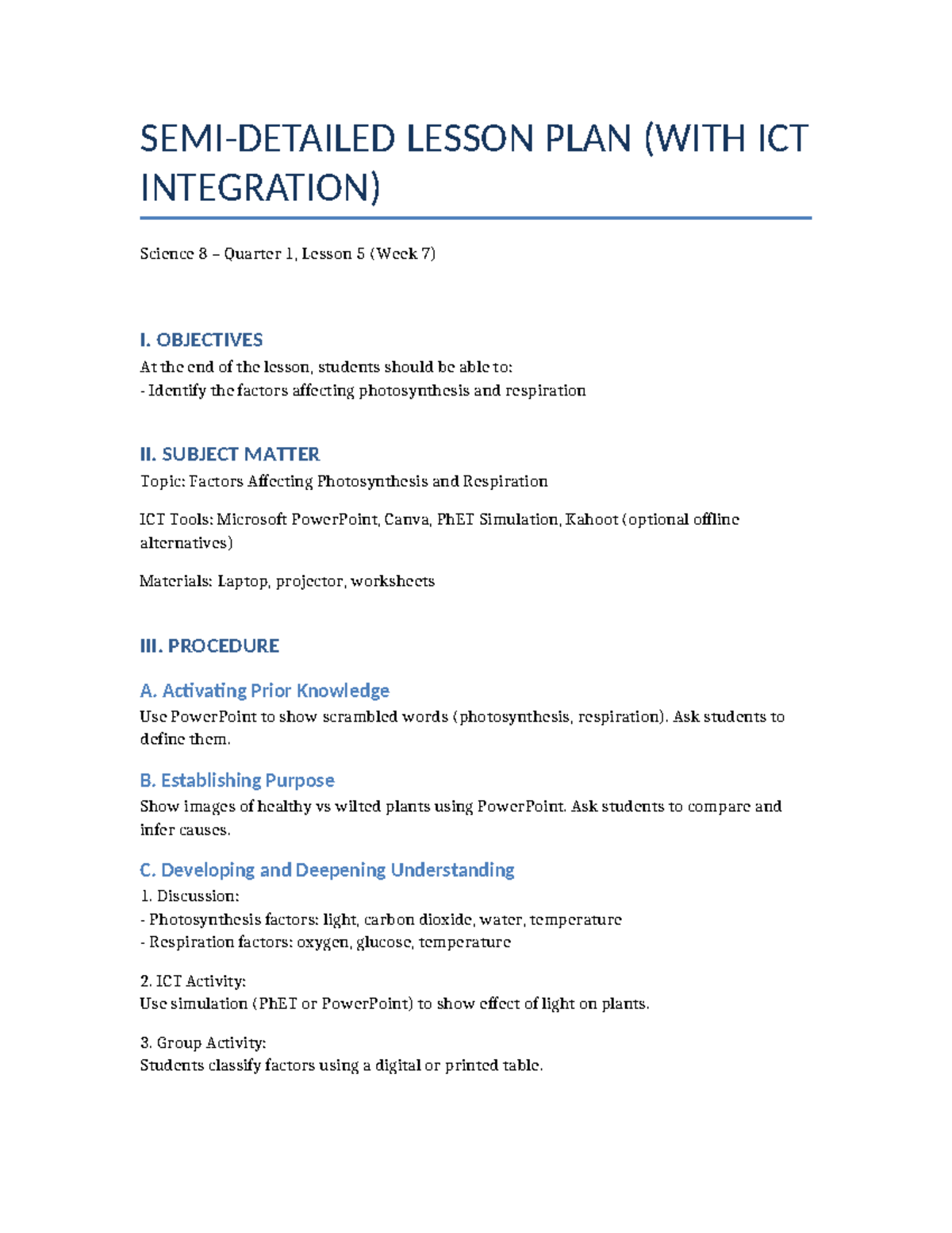Science 8 Lesson Plan: Factors Affecting Photosynthesis & Respiration ...