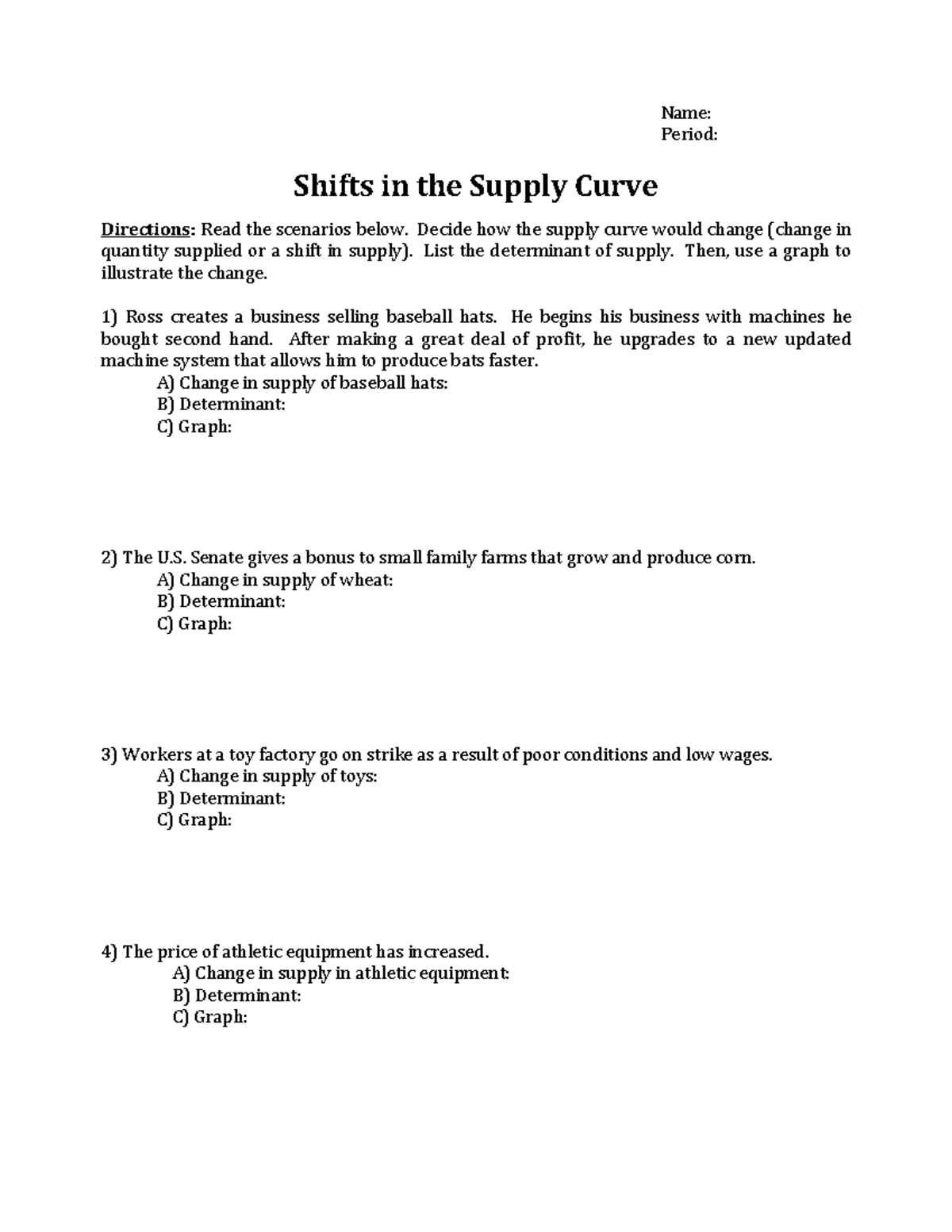 Shifts in supply curve worksheet - Name: Period: Shifts in the Supply ...