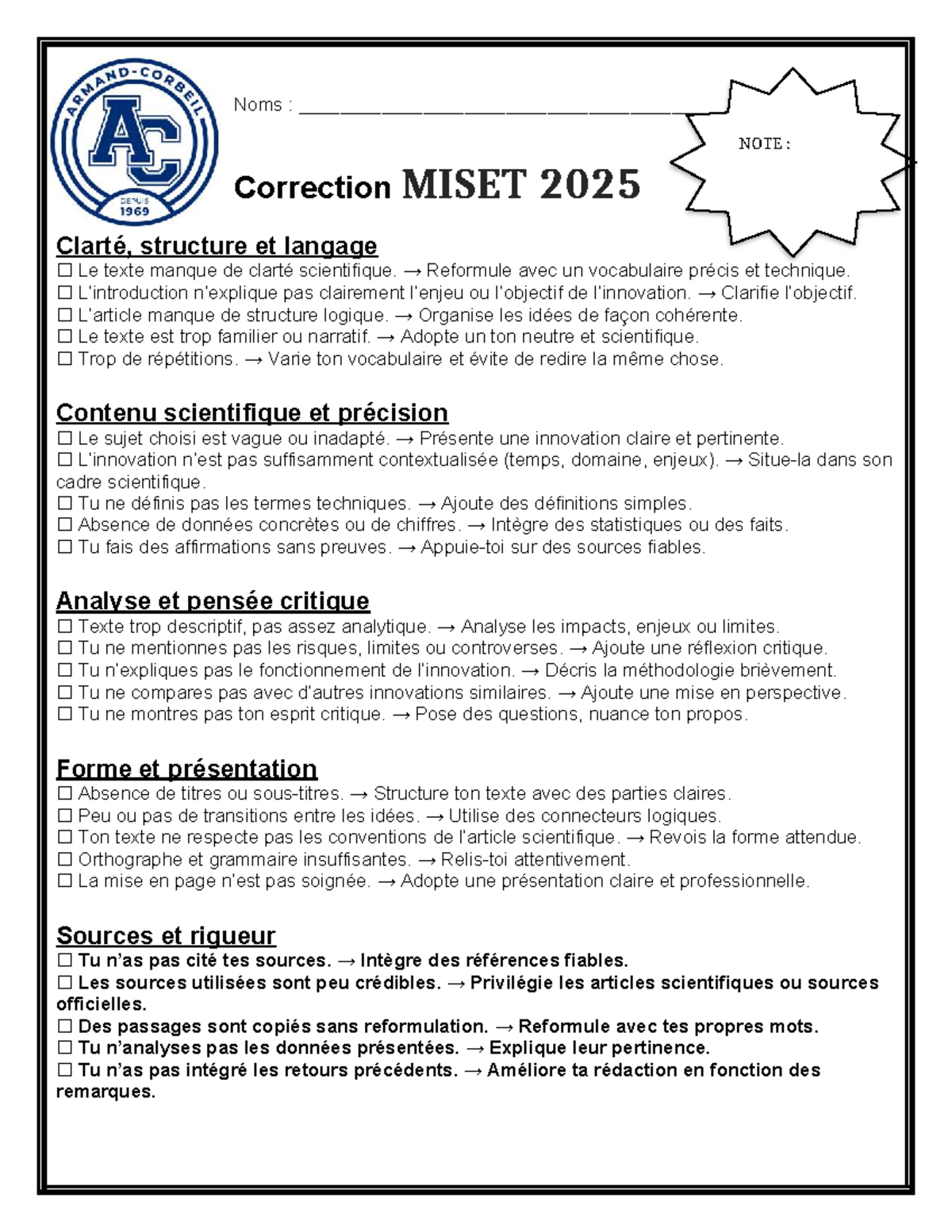 Grille de Correction : Projet MISET 2025 - Clarté et Structure ...