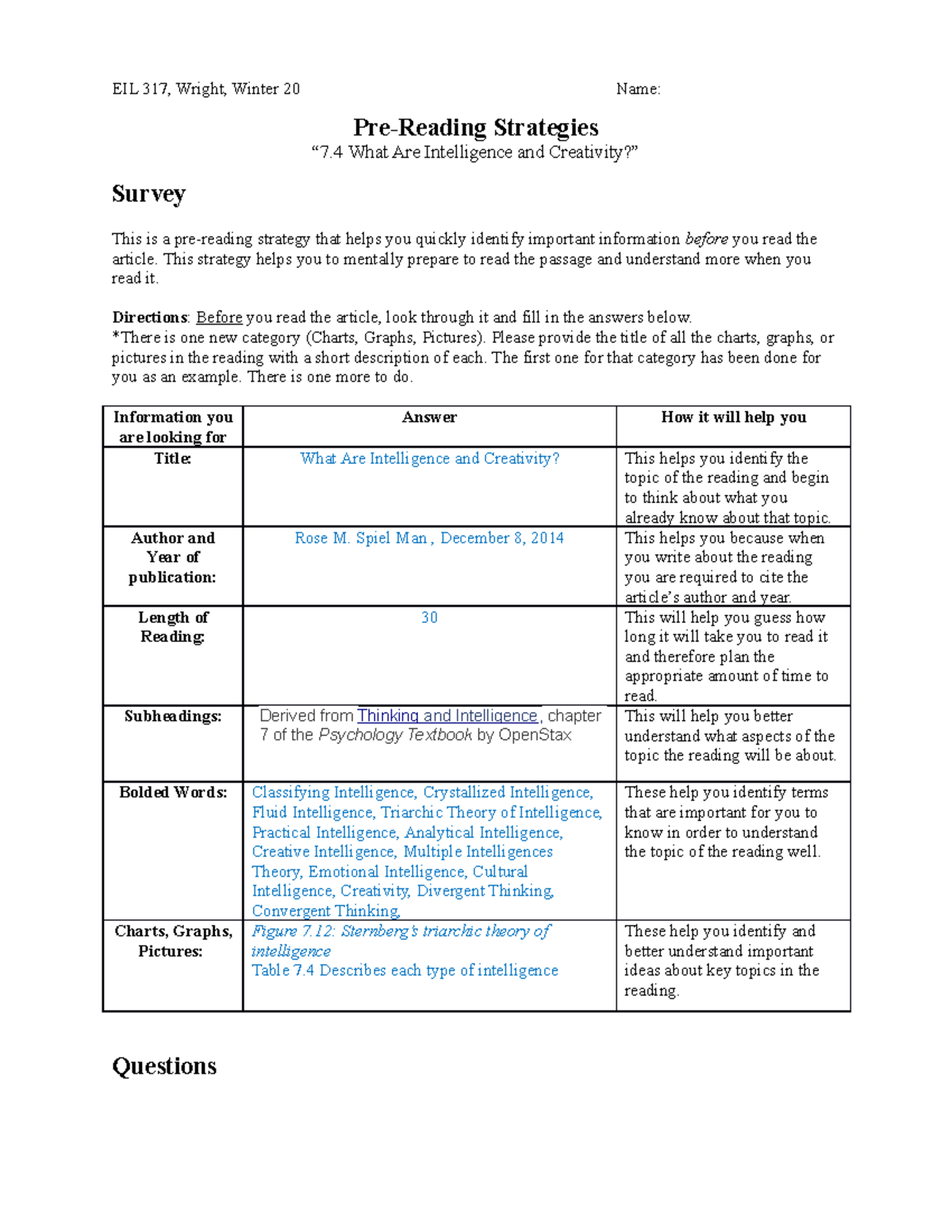 Intelligence 7.4 Survey and Question Pre-Reading - EIL 317, Wright ...