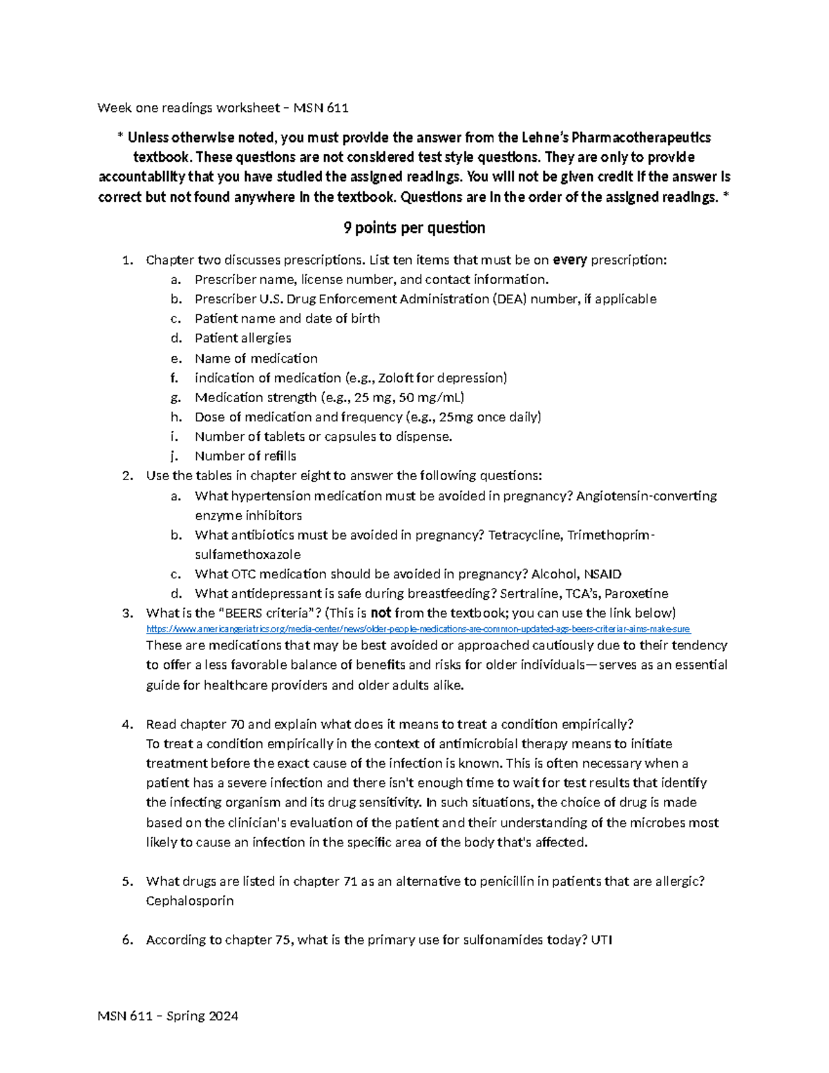 MSN 611 Week 1 Worksheet – Readings & Key Concepts Summary - Studocu