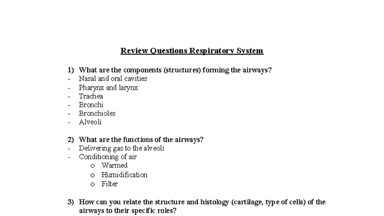 Review Questions: Respiratory System (BIO 101) - Studocu