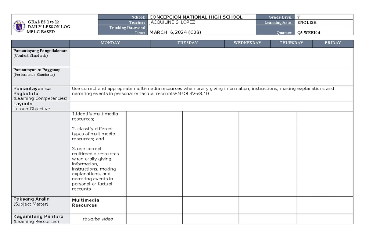FIL 8 DAILY LESSON LOG GRADE 8 Q1 WEEK 1 - Studocu