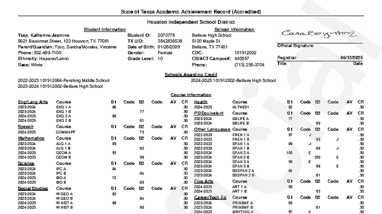Texas Academic Achievement Record for Katherine Tzep - Bellaire HS ...